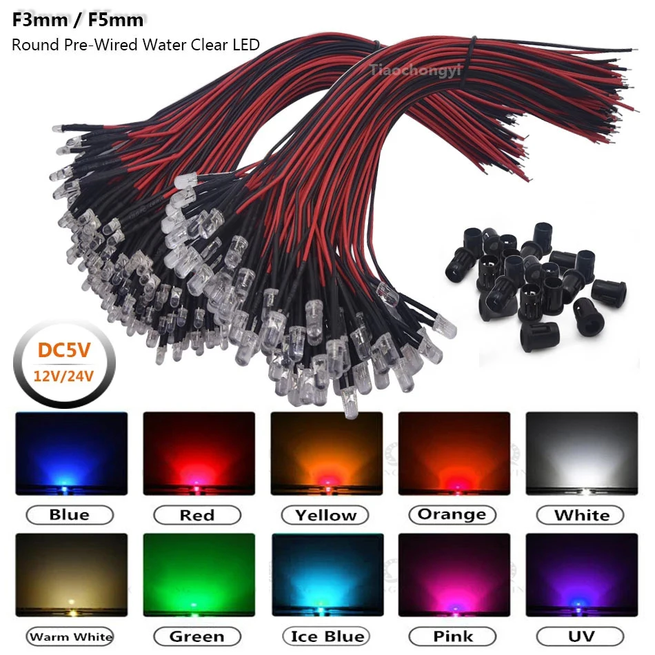 10-50pcs-3mm-5mm-Round-led-diode-DC5V-12V-24V-Pre-Wired-Water-Clear ...