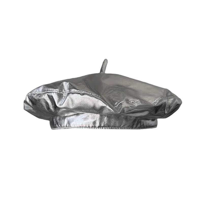 Autumn Winter PU Leather Silver Hat Style Beret for Women Retro Elegant ...