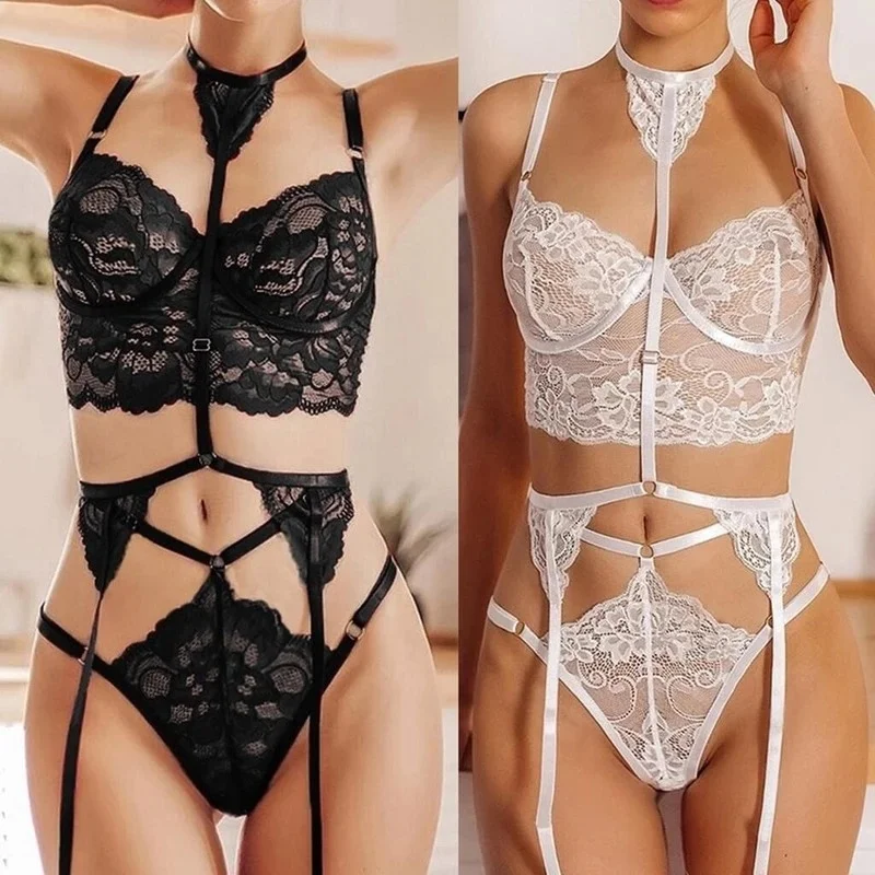 Conjunto-de-lencer-a-transparente-de-encaje-para-mujer-lencer-a-Sexy-sujetador-bragas-liguero ...