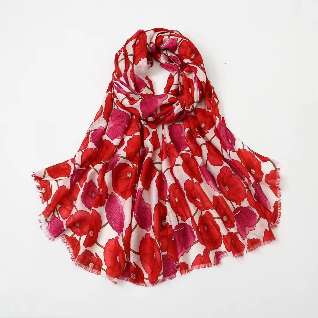 2024 New Big Poppy Print Fringe Scarf Shawls Beautiful Luxury Floral ...