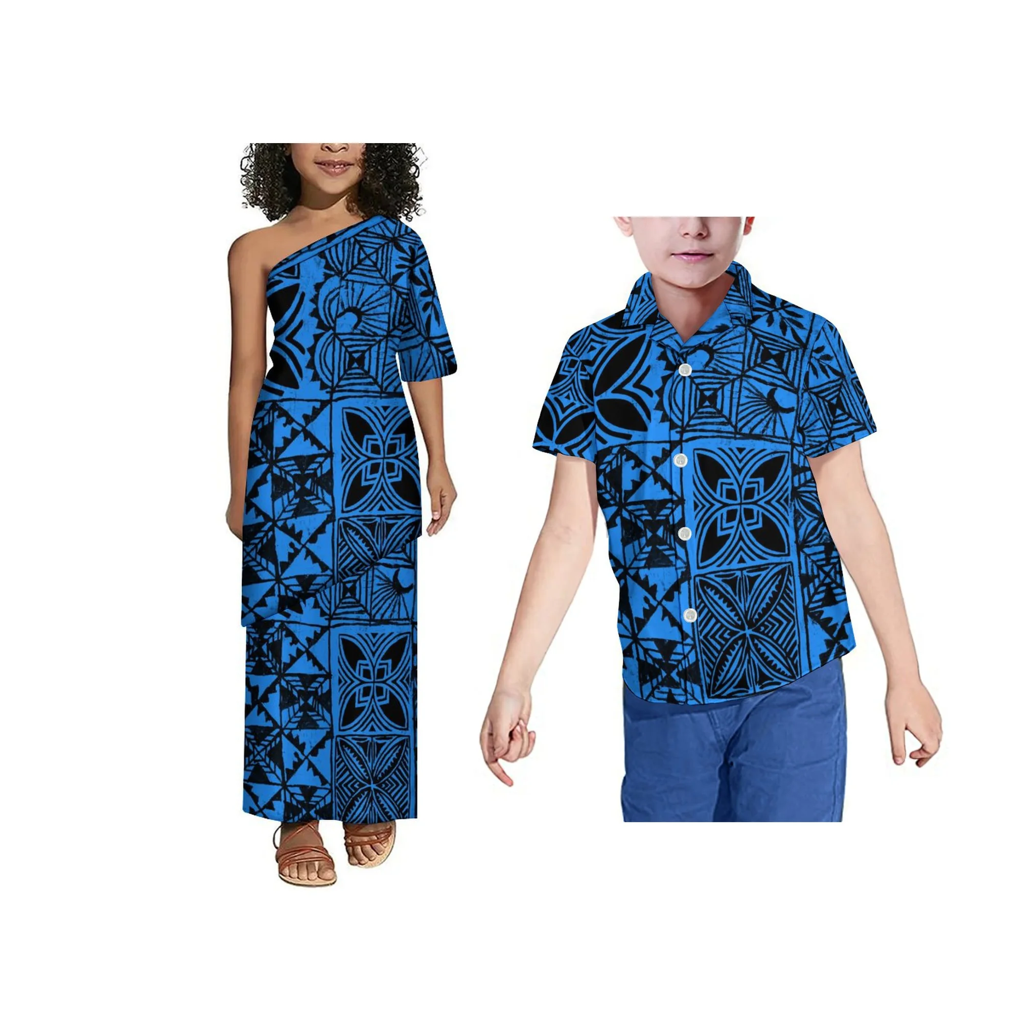 New Customized Polynesian Print Design Kids Oblique Shoulder Dress ...