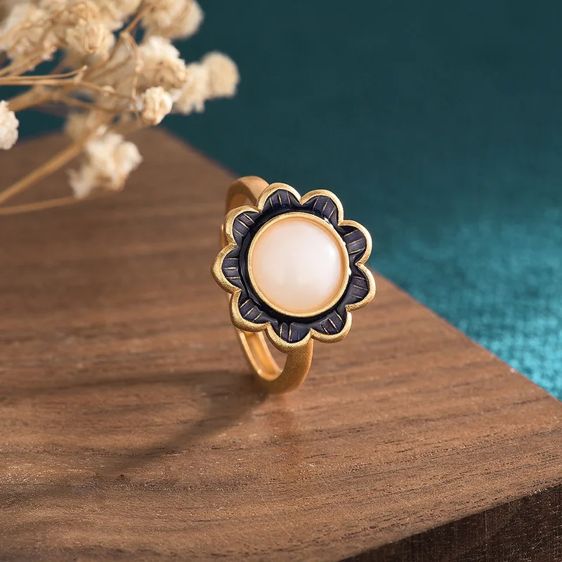 Gold-Wide-Faced-Flower-Ancient-Open-Ring-Ladies-Stainless-Steel-Ring ...