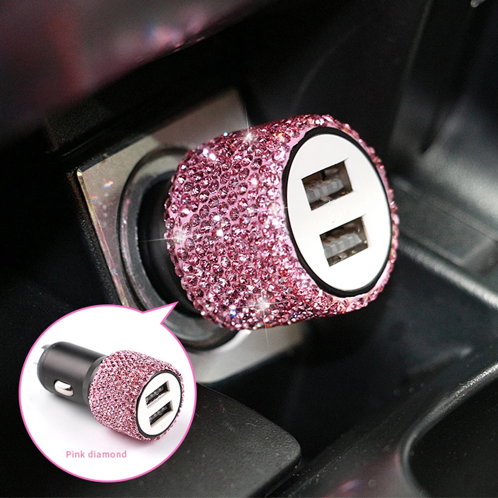 New-Bling-USB-Car-Charger-5V-2-1A-Dual-Port-Fast-Adapter-Pink-Car-Decor ...