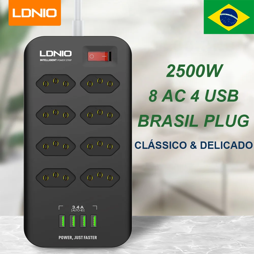 LDNIO 2500W Brasil Power Strip 2 Meter Extension Cord Power Socket ...