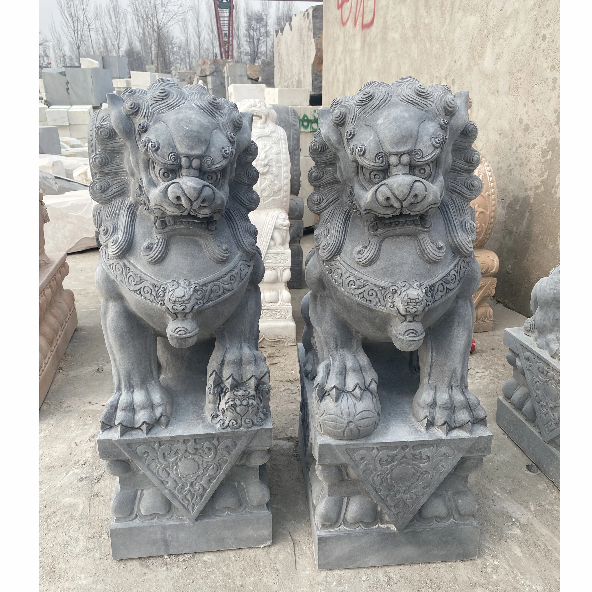 Carved-Stone-Chinese-Lion-Statues-Marble-Traditional-Fengshui-Animal ...