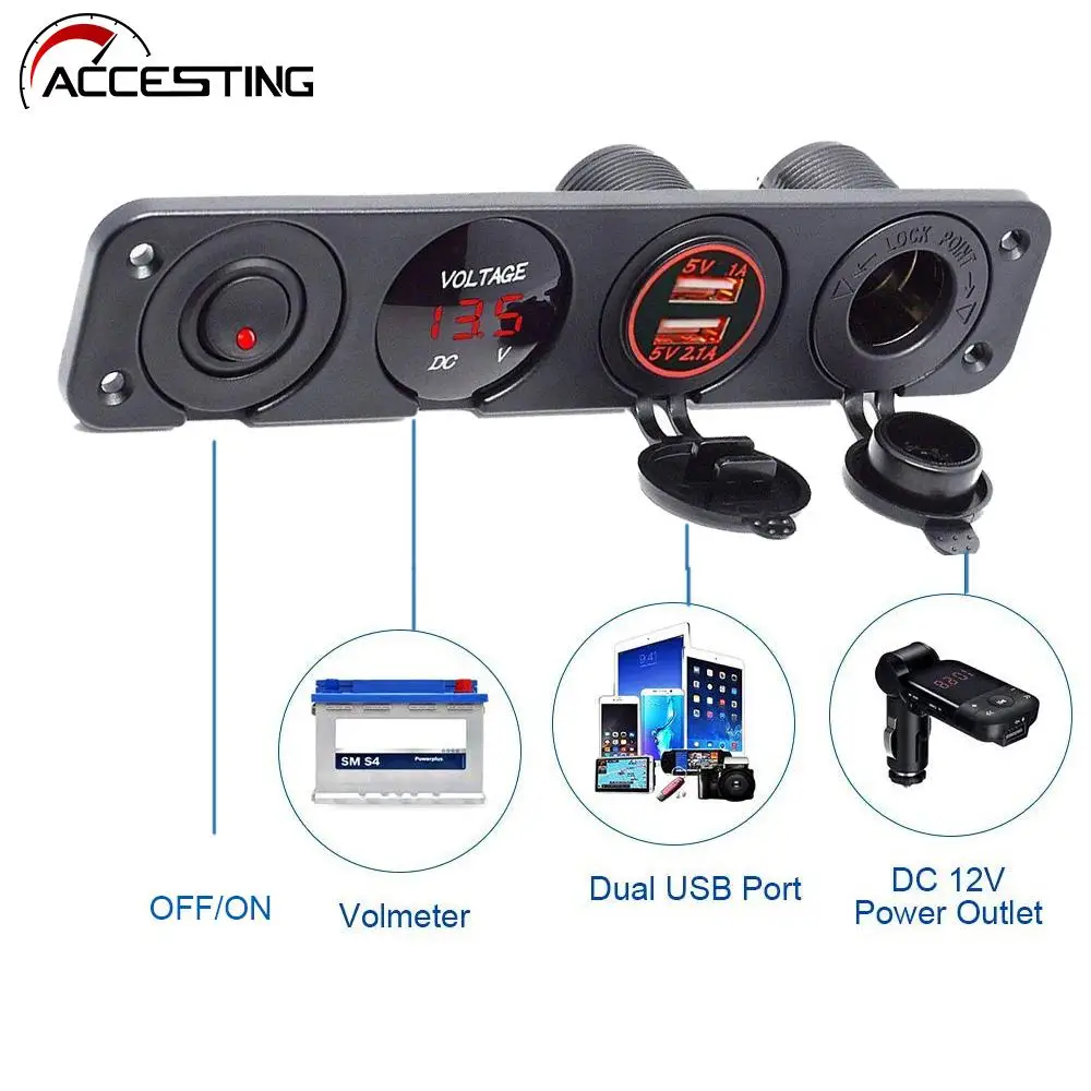 New 4 Hole Switch Panel Dual USB Port 12 V Cigarette Lighter Socket ...