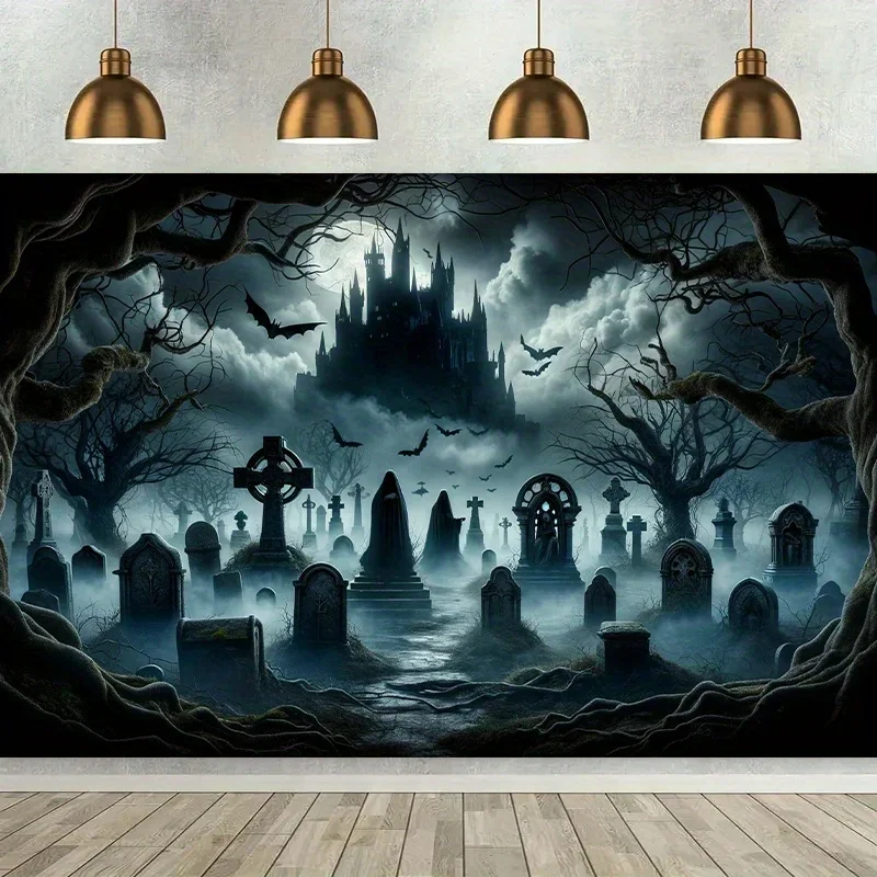 HD-Haunted Cemetery Ghosts Backdrop – Gothic Horror Skull Print ...