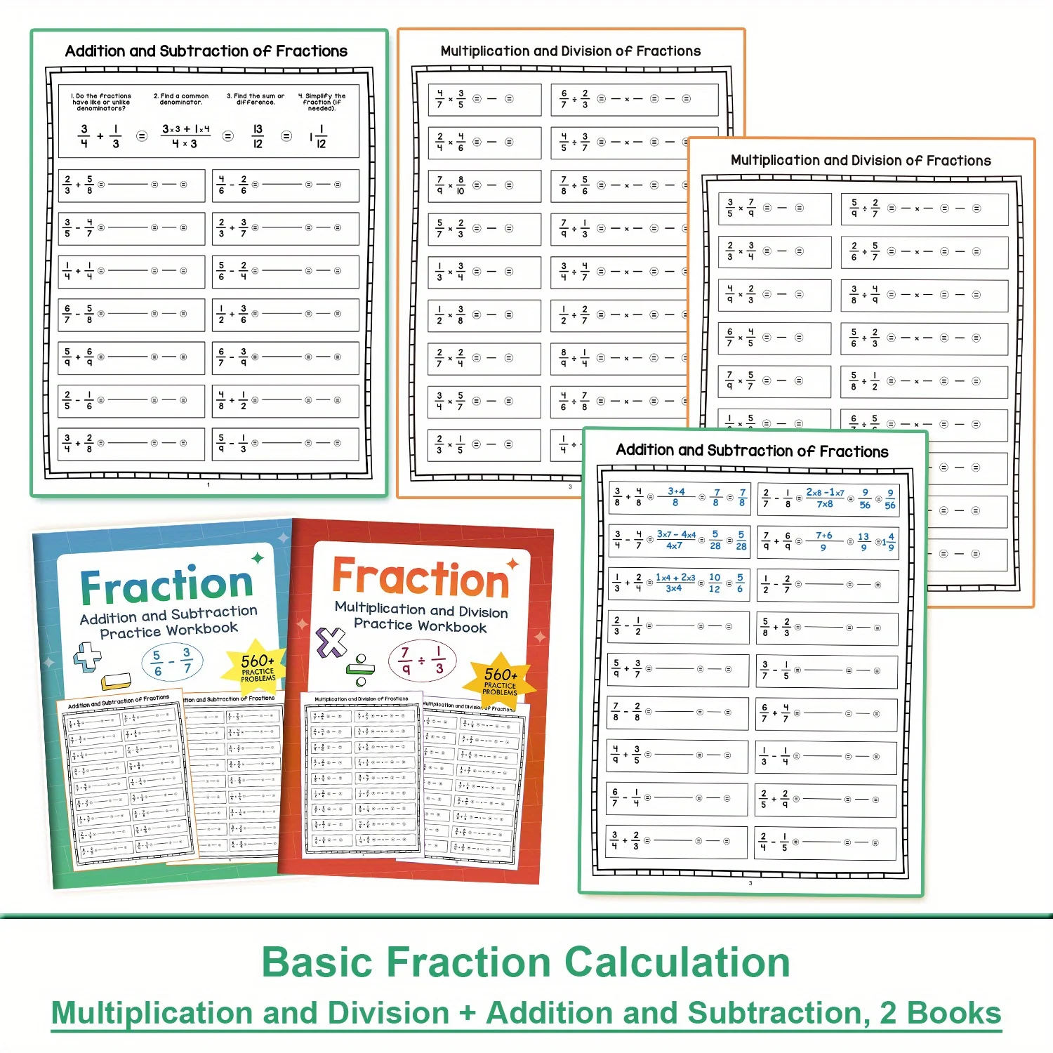 Basic Fraction Calculation Workbooks Set for Primary School, Grades 3-5 ...