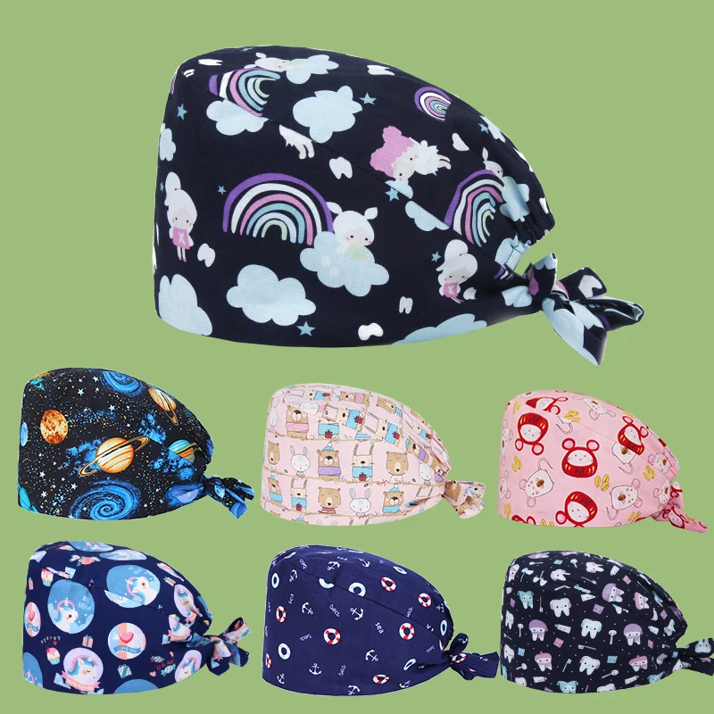 Printed-Scrub-Cap-Women-Men-Euro-Medical-Surgical-Hat-100-Cotton-Tie ...