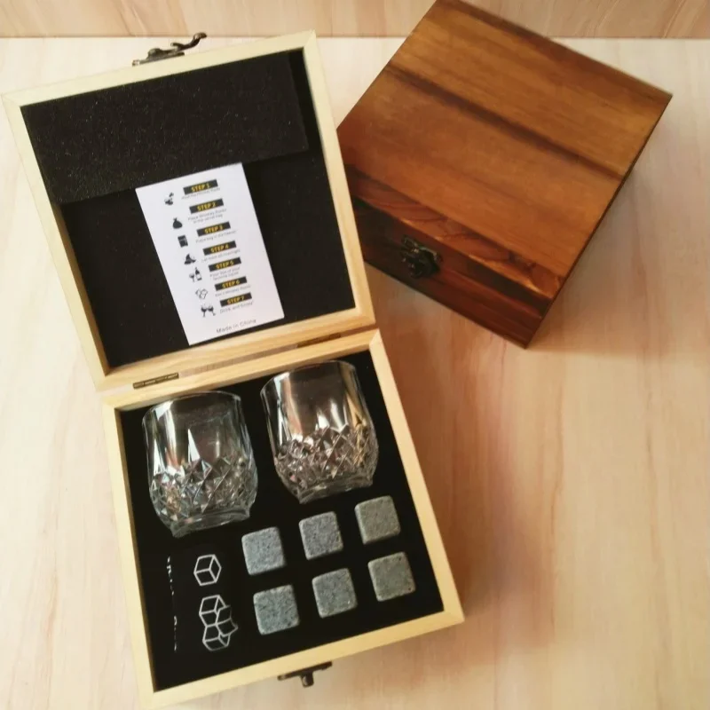 Whiskey Stone Glass Cup Set with 6 Pcs Whiskey Bourbon Chilling Stones ...