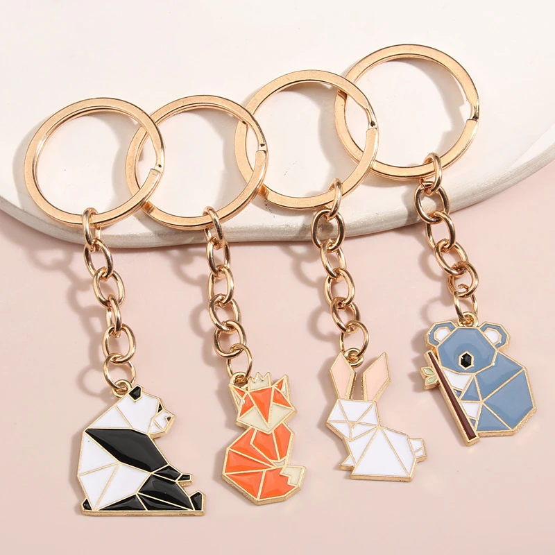 Cute Animal Keychain Panda Fox Rabbit Koala Key Ring Origami Enamel Key ...