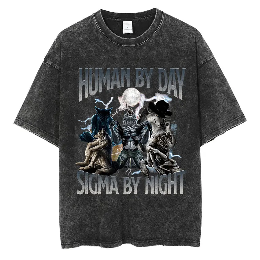 Vintage Washed Wolf Human By Day Sigma By Night Funny Meme T Shirts Men ...