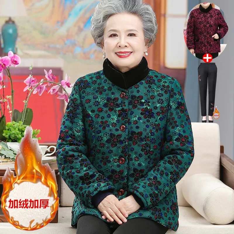 Middle-aged Old People Winter Jackets Fashion Print Add Velvet Parkas ...