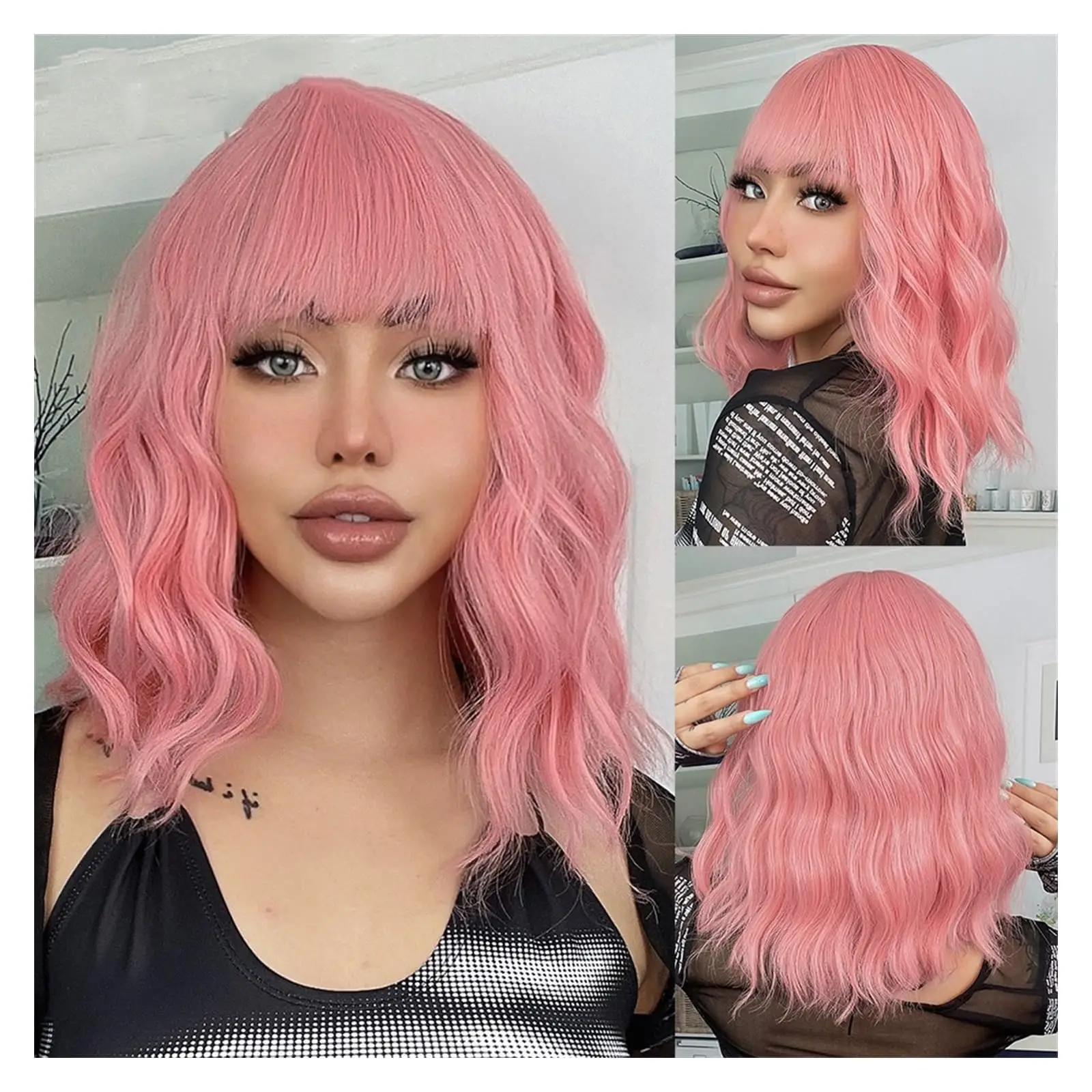 Pink-Wigs-Women-s-Short-Bob-Curly-Wavy-Wigs-14-Inches-Synthetic-Wig ...
