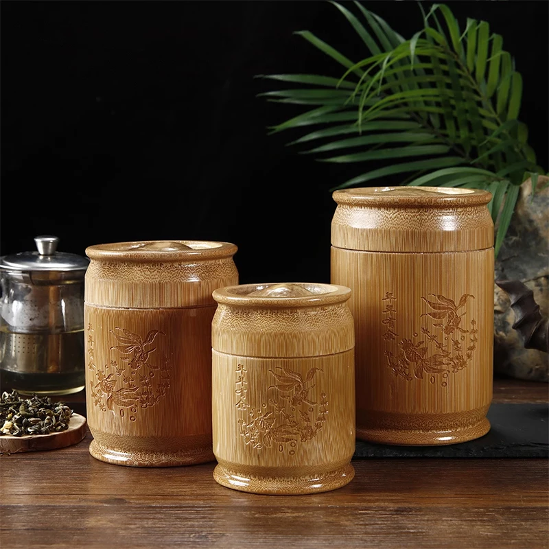 Handmade Bamboo Tea Storage Box Carved Tea Canister Lid Seal Kitchen ...