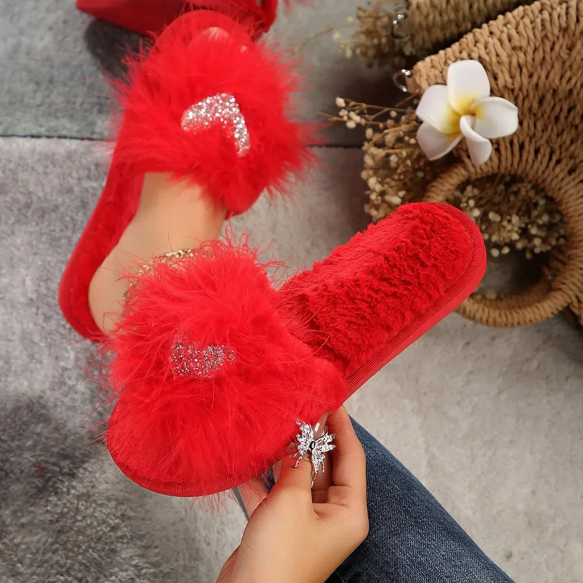 Warm-Plush-Slippers-Women-Slides-Flat-Low-Heels-Women-Shoes-Heart-Bling ...