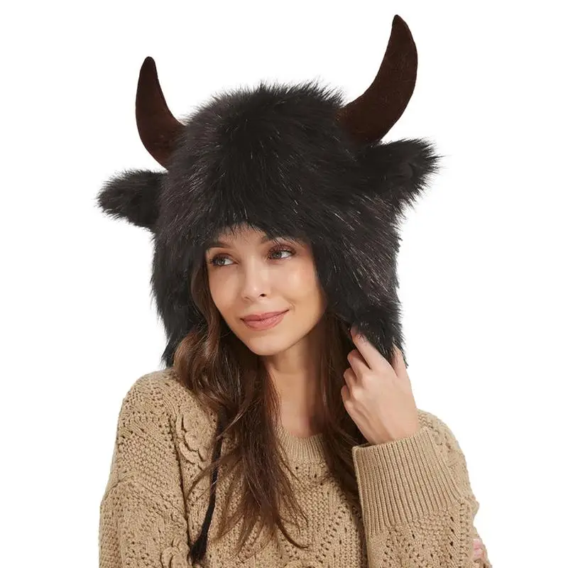 Women-Men-Winter-Furry-Plush-Snow-Trapper-Hat-Cute-Ox-Horns-Fluffy ...