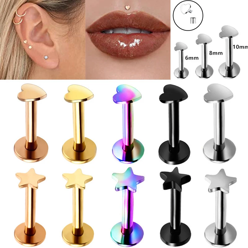1PCS Steel Heart Labret Piercing Stud Lip Ring Internal Thread Tragus ...