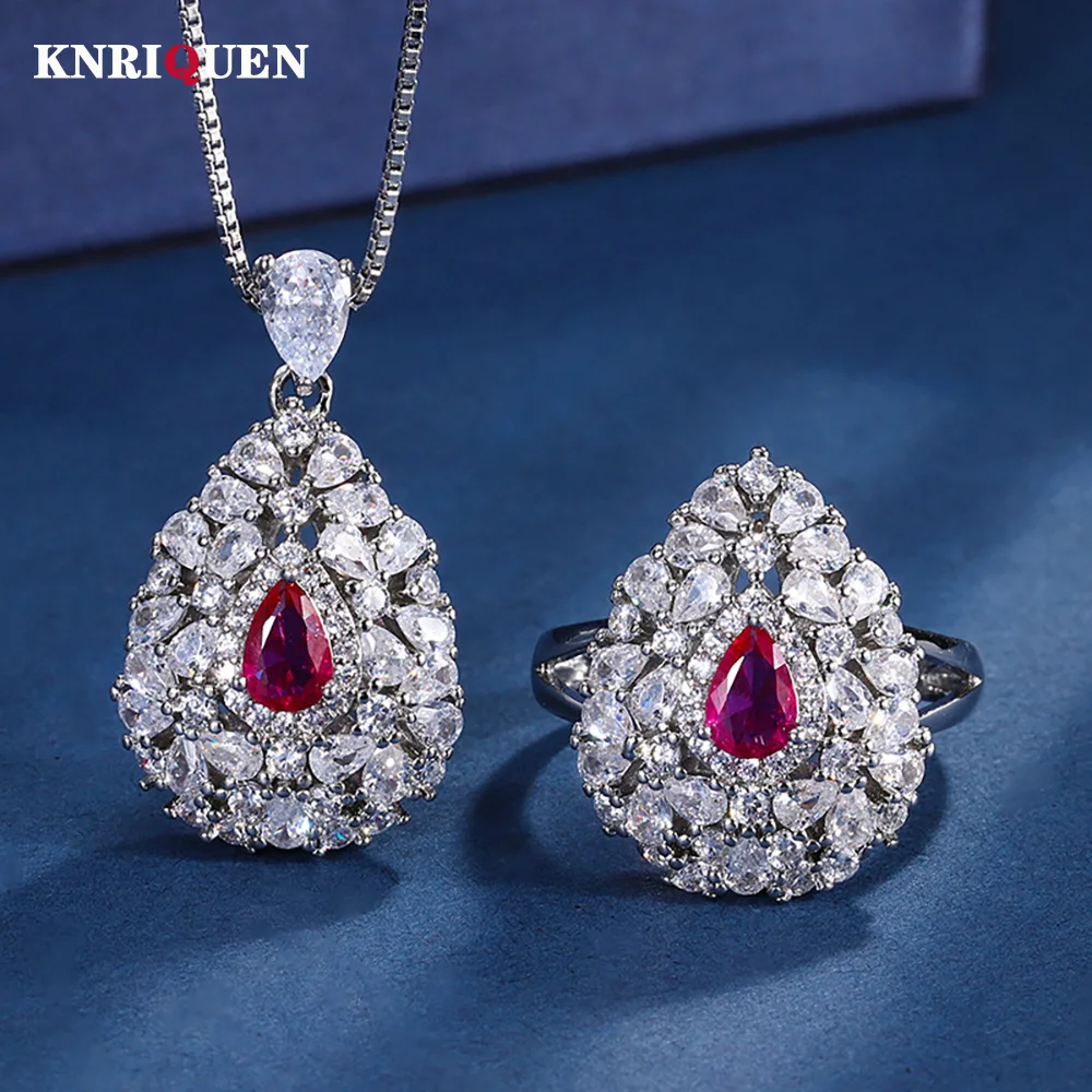 Luxury 4*6mm Water Drop Ruby Pendant Necklace Rings for Women Full Lab ...