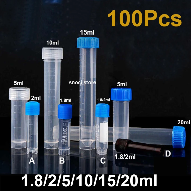 100Pcs Plastic Test Tubes Freezing Tube Vials Sample Craft Screw Cap ...