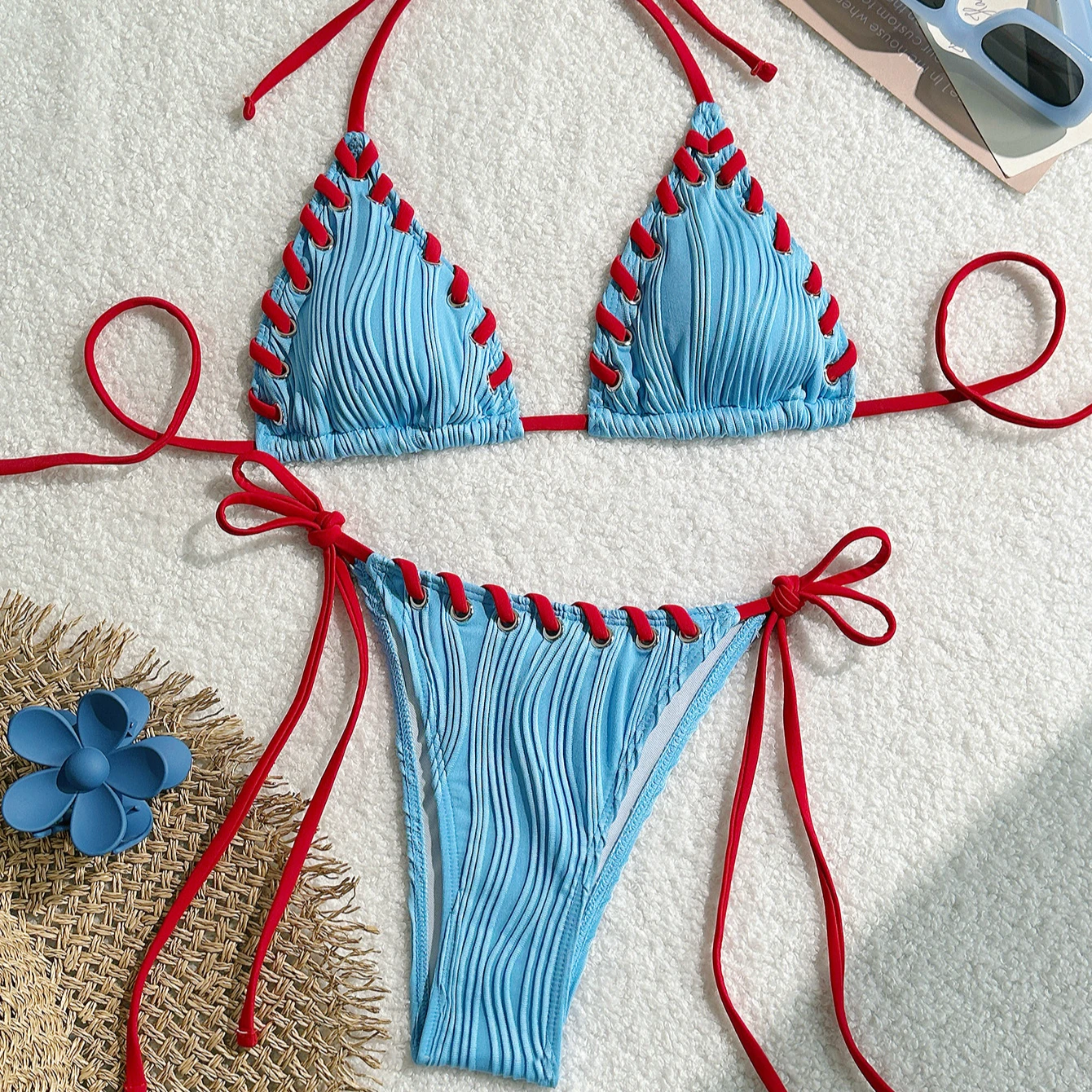 Halter Wrinkled Weave Bikini Set Women Swimwear Female Swimsuit Two ...