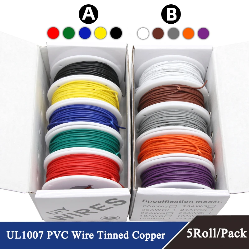UL1007-Wire-5-Colors-Mix-Kit-PVC-Insulation-Tinned-Copper-Cable-30-28 ...