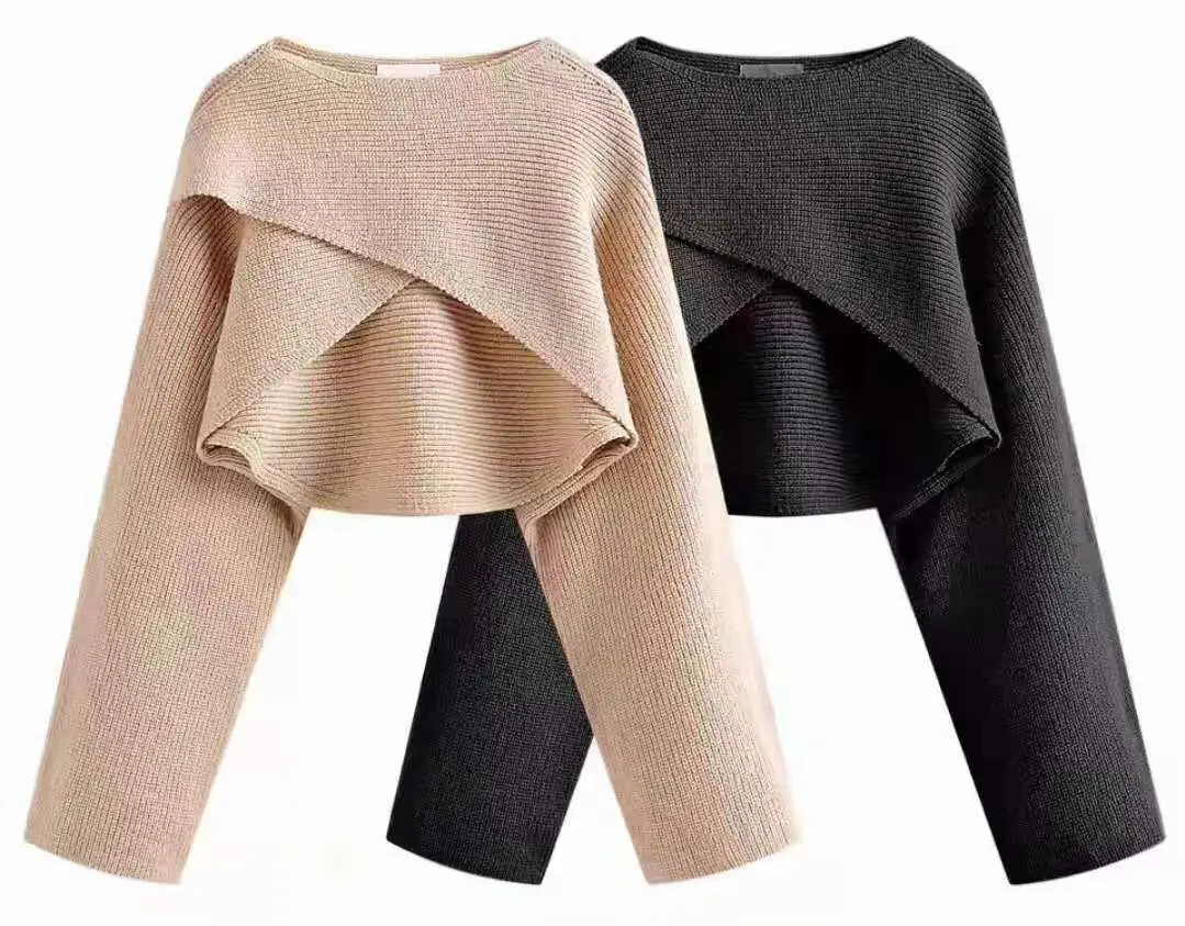 Fashion Street Knitted Long Sleeve Cross Irregular Solid Color Top
