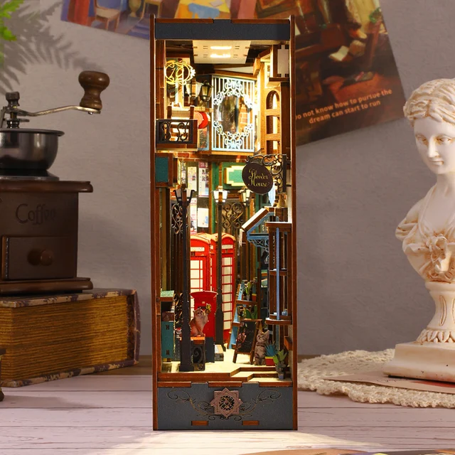 DIY Wooden Book Nook Shelf Insert Miniature Building Kits Island ...