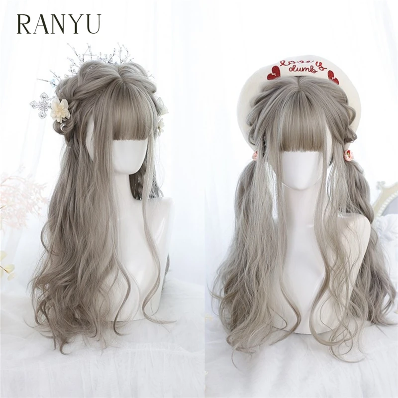 RANYU Gray Wavy Wigs with Bangs Synthetic Long Hair for Women Daily ...