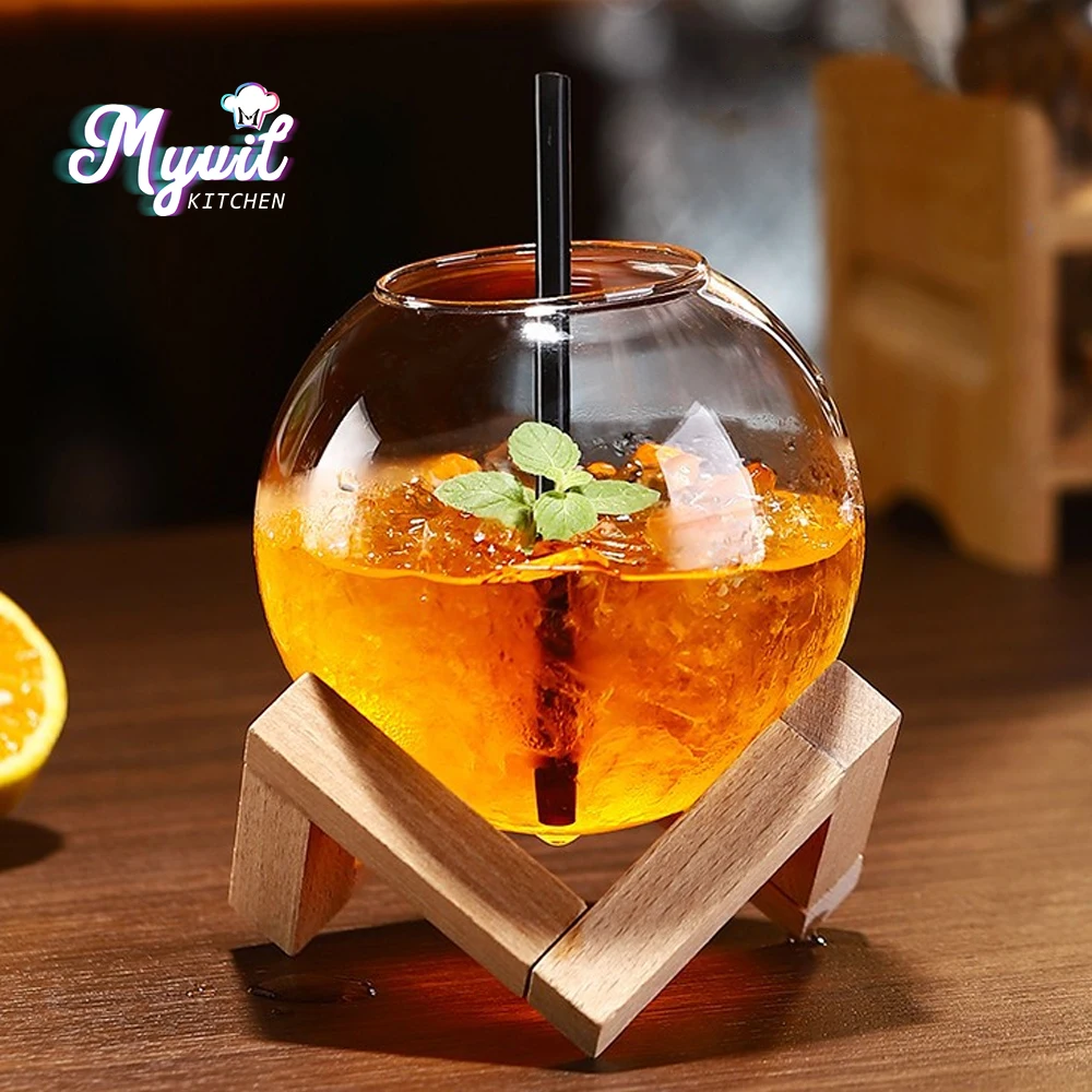 Creative-Spherical-Cocktail-Glass-With-Wood-Stand-Unique-Shape-Bar ...