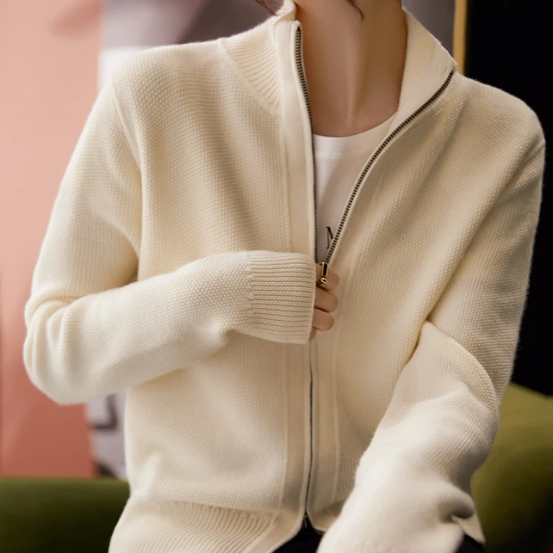 Women's New Autumn/Winter Zipper Knit Cardigan Pure Wool Fashion Stand ...