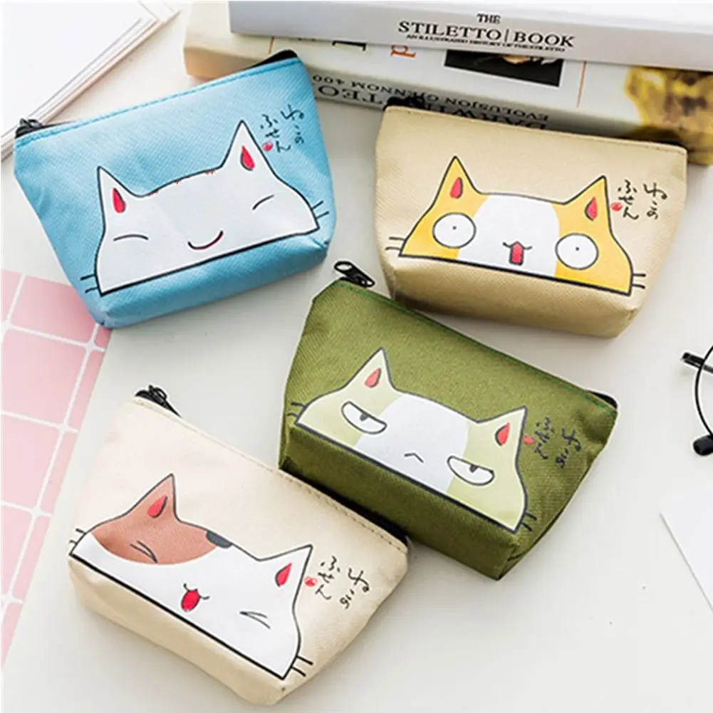 Cartoon Cat Print Mini Oxford Key Wallet Women Card Holder Zipper Money ...