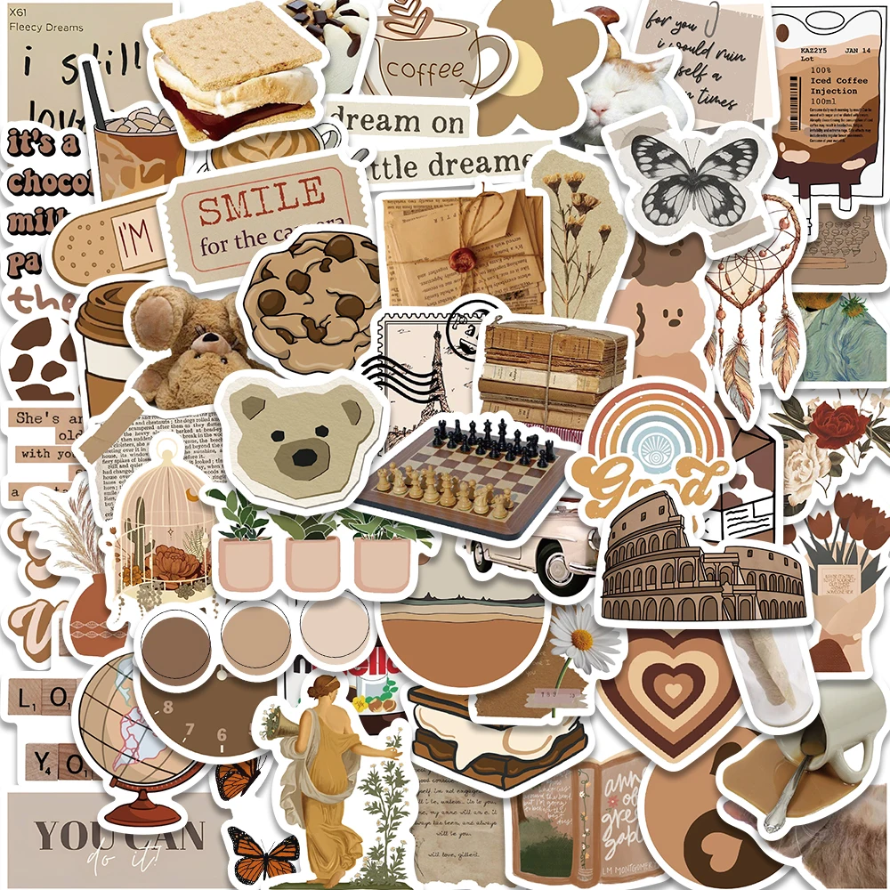 60pcs-Vintage-Brown-Sticker-Aesthetic-PVC-Laptop-Sketchbook-Children-s ...