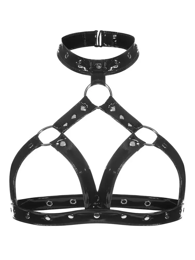 S-3XL-Halter-Metal-Ring-Rivet-Hollow-Out-Bustier-Crop-Tops-Wet-Look-PVC ...