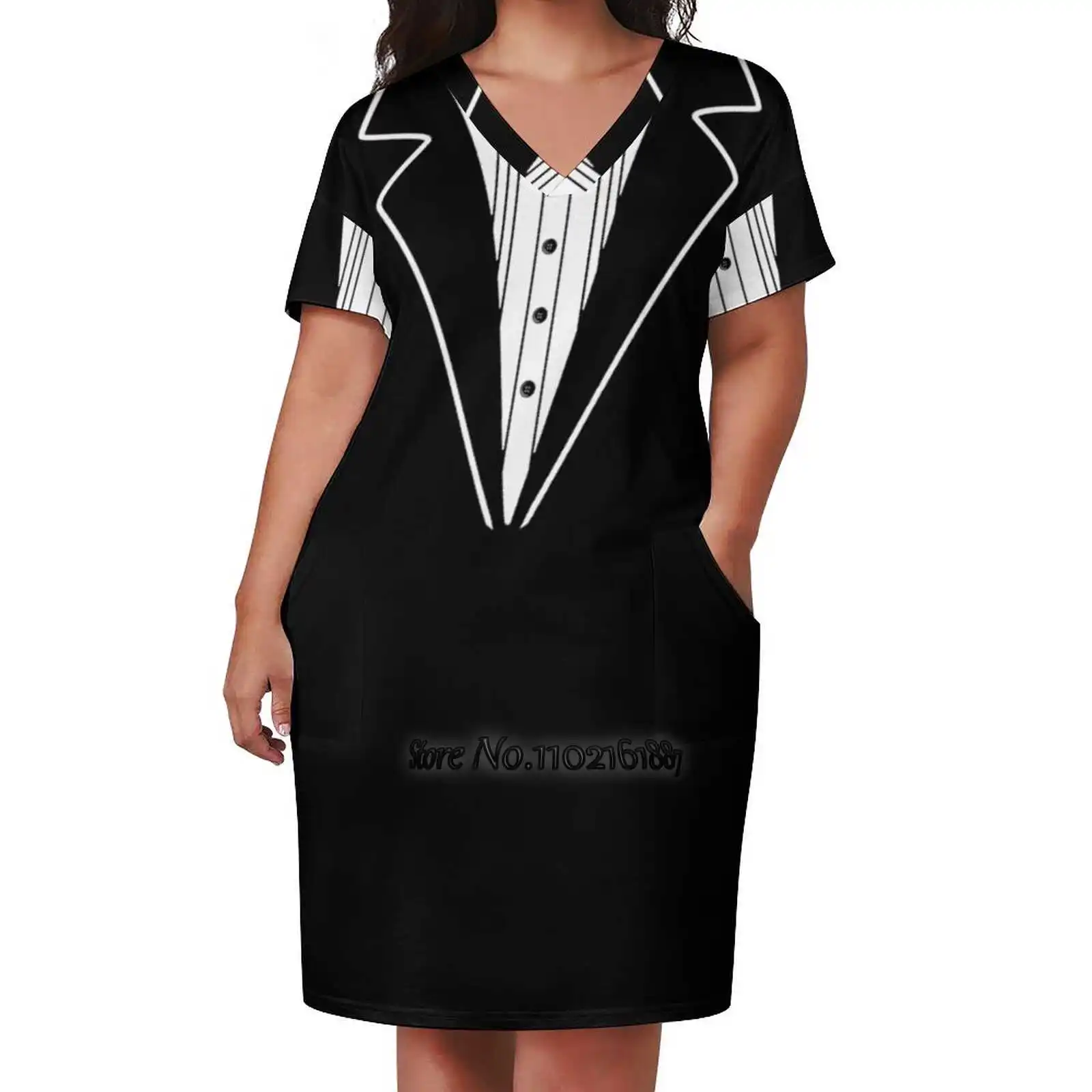 Tuxedo-Design-Print-Dress-Short-Sleeve-V-Neck-Fashion-Skirt-Thin-Short ...