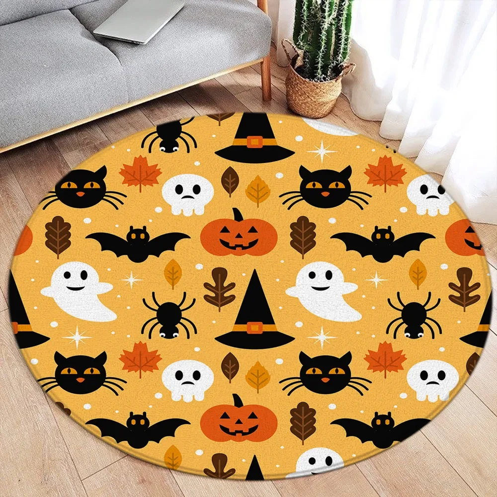 Cartoon Halloween Round Carpet Cute Elf Ghost Pumpkin Black Cat Spider ...