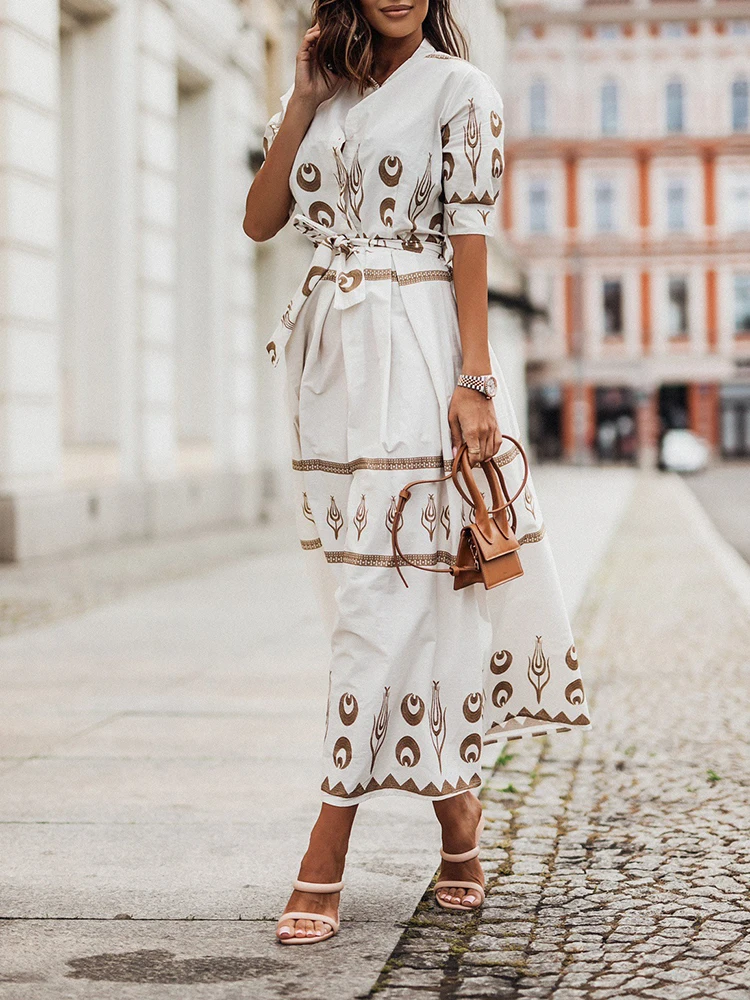 Women Fashion O Neck Button Shirt Dress Office Elegant Pattern Printed ...