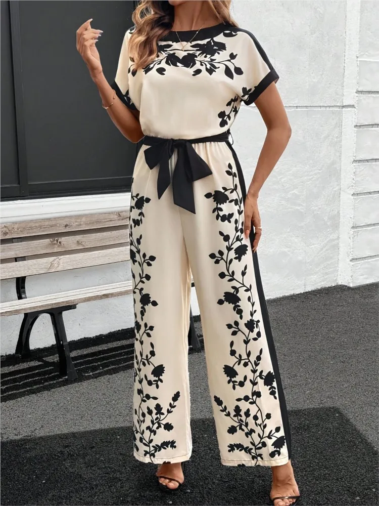 Women's New Jumpsuit Summer Elegant Printed Color Block Waist Lace-up O ...