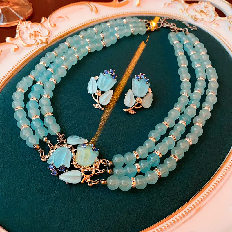 Vintage Necklace Blue Flowers Three Layer Fashionable Collar Chain ...