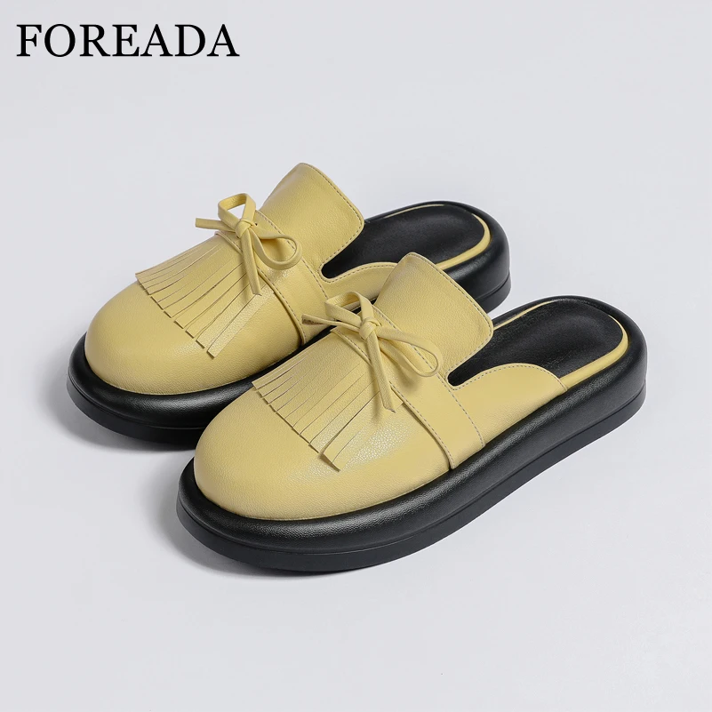 Foreada 여성용 노새 라운드 토 플랫 보우 술 심플한 브랜드 디자인 숙녀 패션 캐주얼 신발 여름 옐로우 화이트 블랙