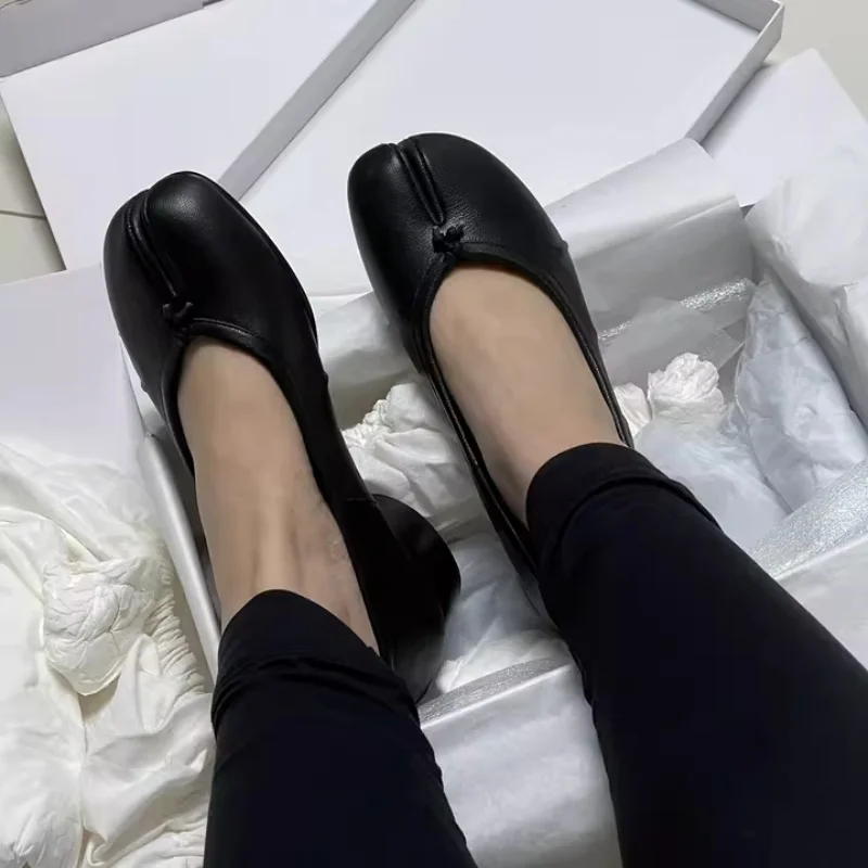Thick Heel Fold Toe Shoes Female 2025 New Pig Shoe Leather Horse Shoe ...