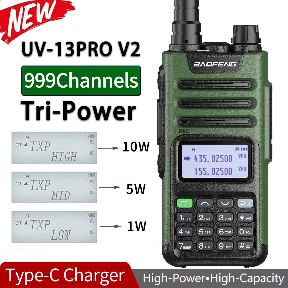 BaoFeng UV 13 PRO V2 10W Powerful Dual Band Walkie Talkie Type C Charger Long Range UV13 Pro ...