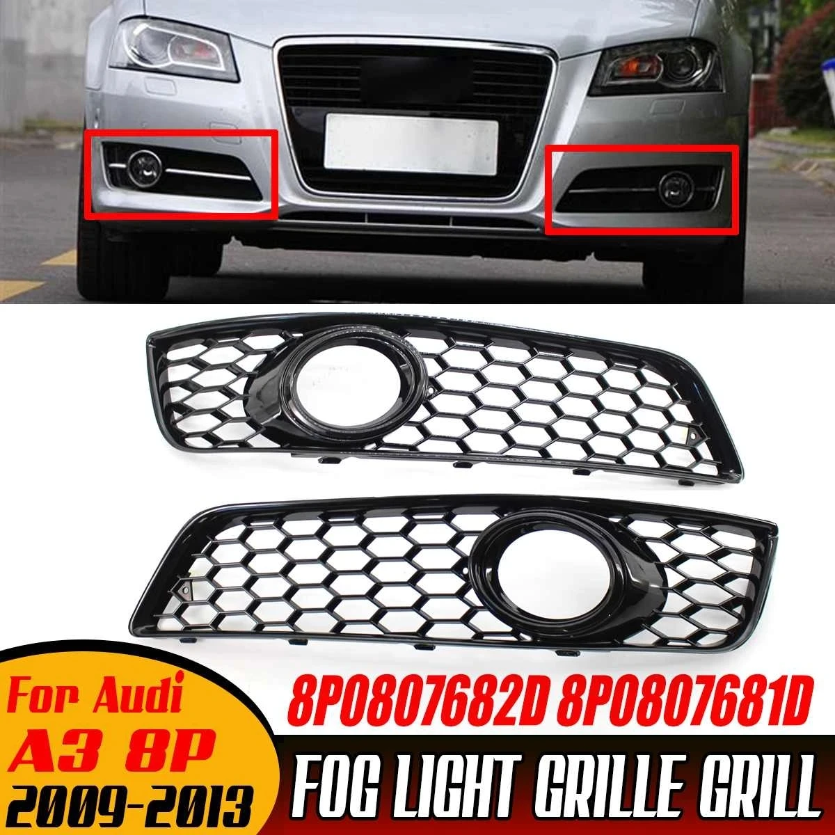 1 Pair Car Front Bumper Fog Light Mesh Grille For Audi A3 8P 2009 2013 ...