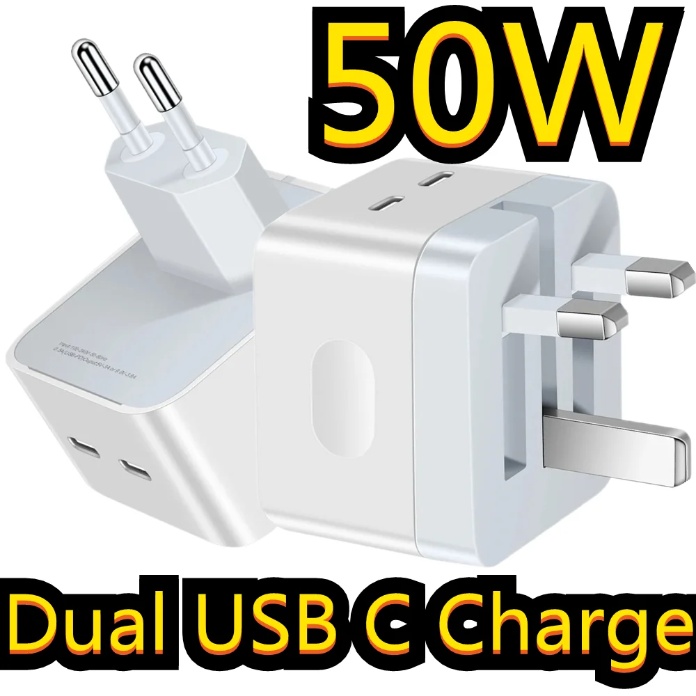 Fast-Charging-50W-20W-Dual-USB-C-PD-Wall-Charger-Power-Adapter-Eu-UK-AC ...