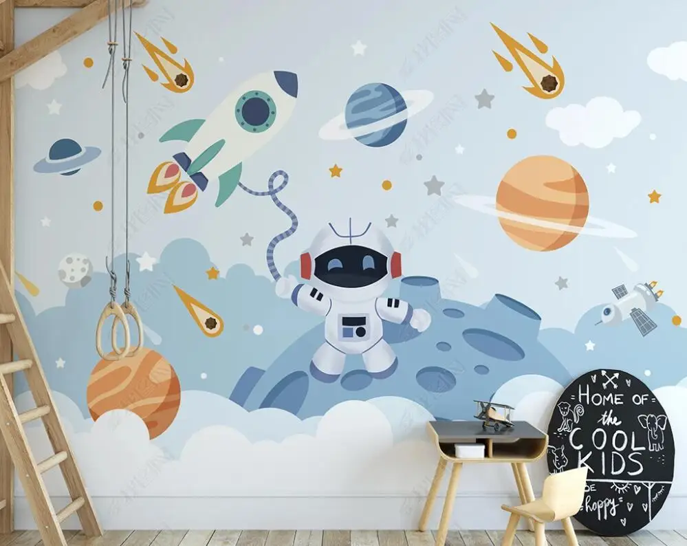 Photo-Lukisan-Dinding-Wallpaper-3d-Ruang-Astronot-Kartun-Roket-Anak ...