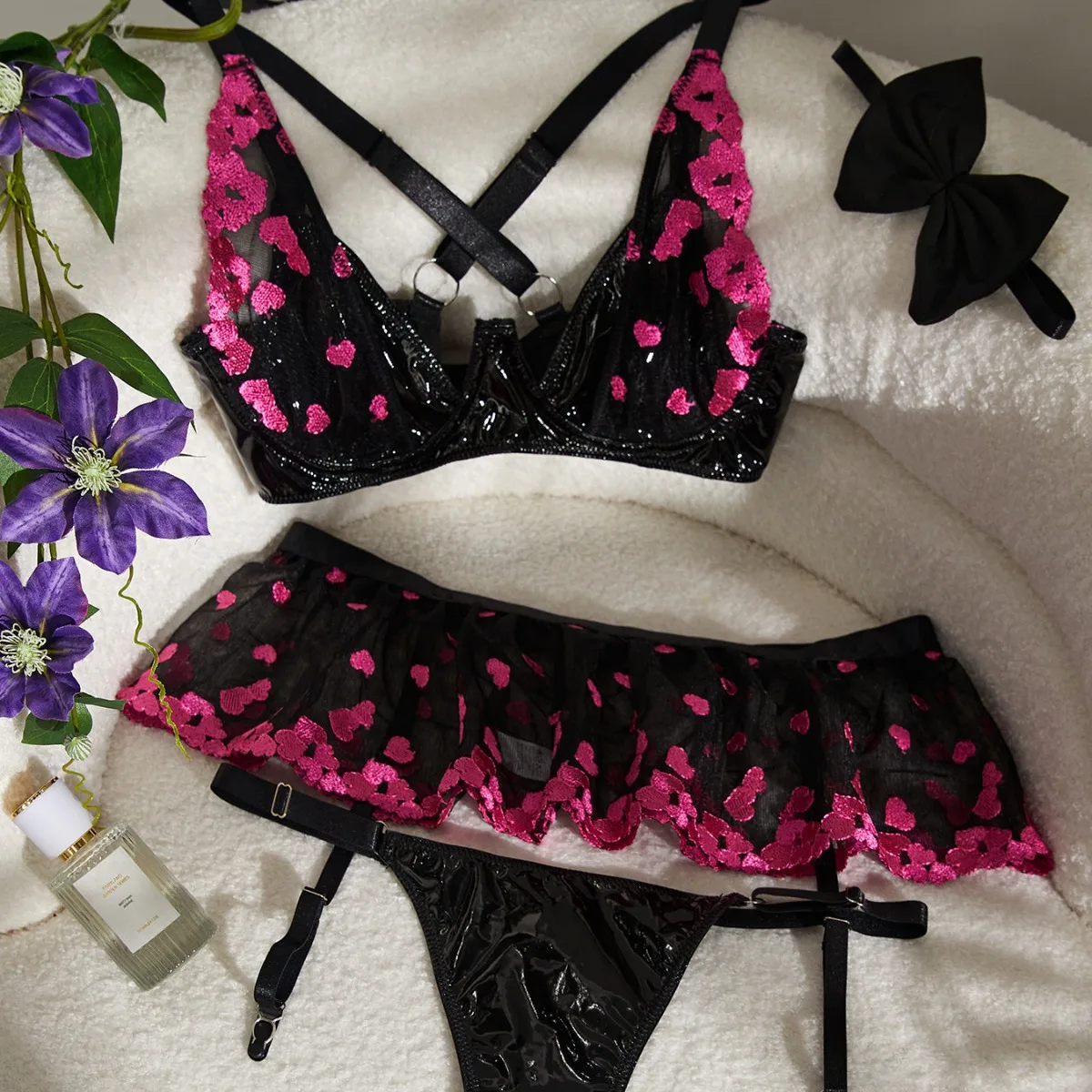 Sexy-PU-leather-love-heart-bra-underwear-set-women-embroidered-mesh ...