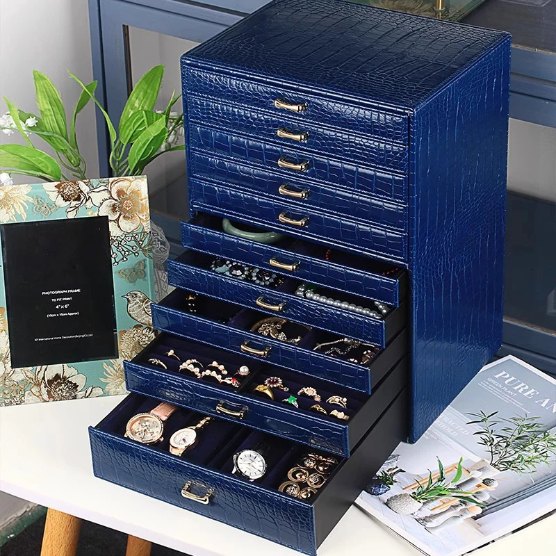 Blue Crocodile Texture Jewelry Box Large Capacity Ring Necklace Storage ...