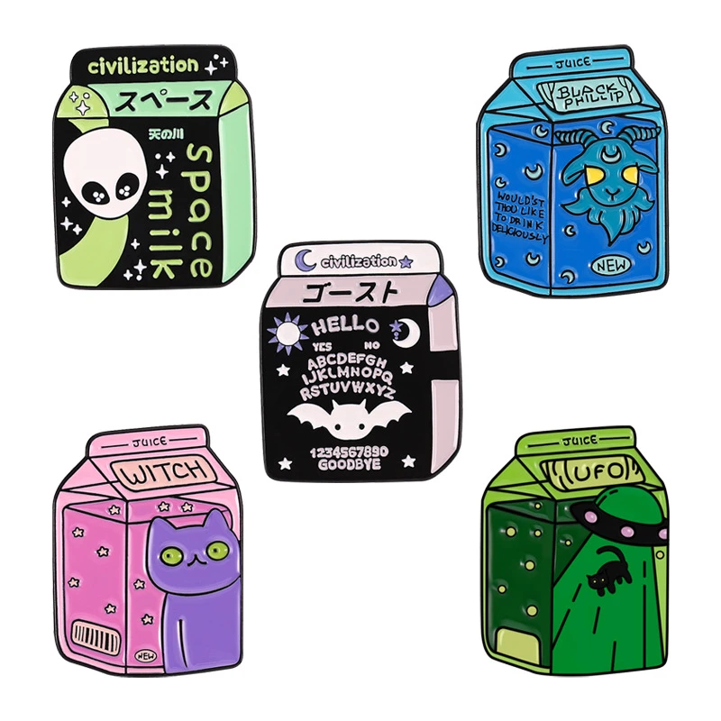 Space Milk Enamel Pins Cartoon Alien Witch Cat Bat Satan Brooches Bag ...