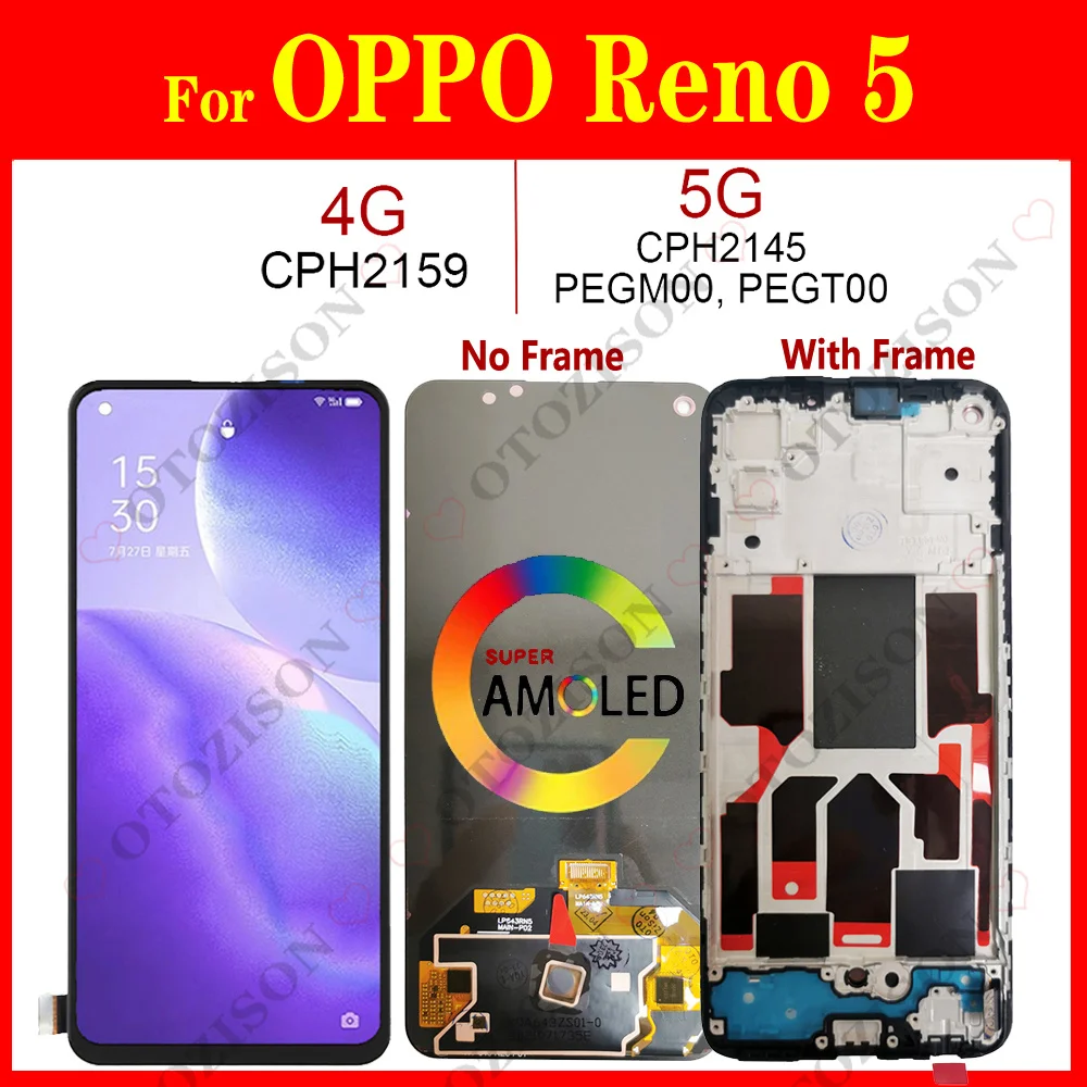 For OPPO Reno5 5G CPH2145 LCD With Frame Display 4G CPH2159 Screen ...