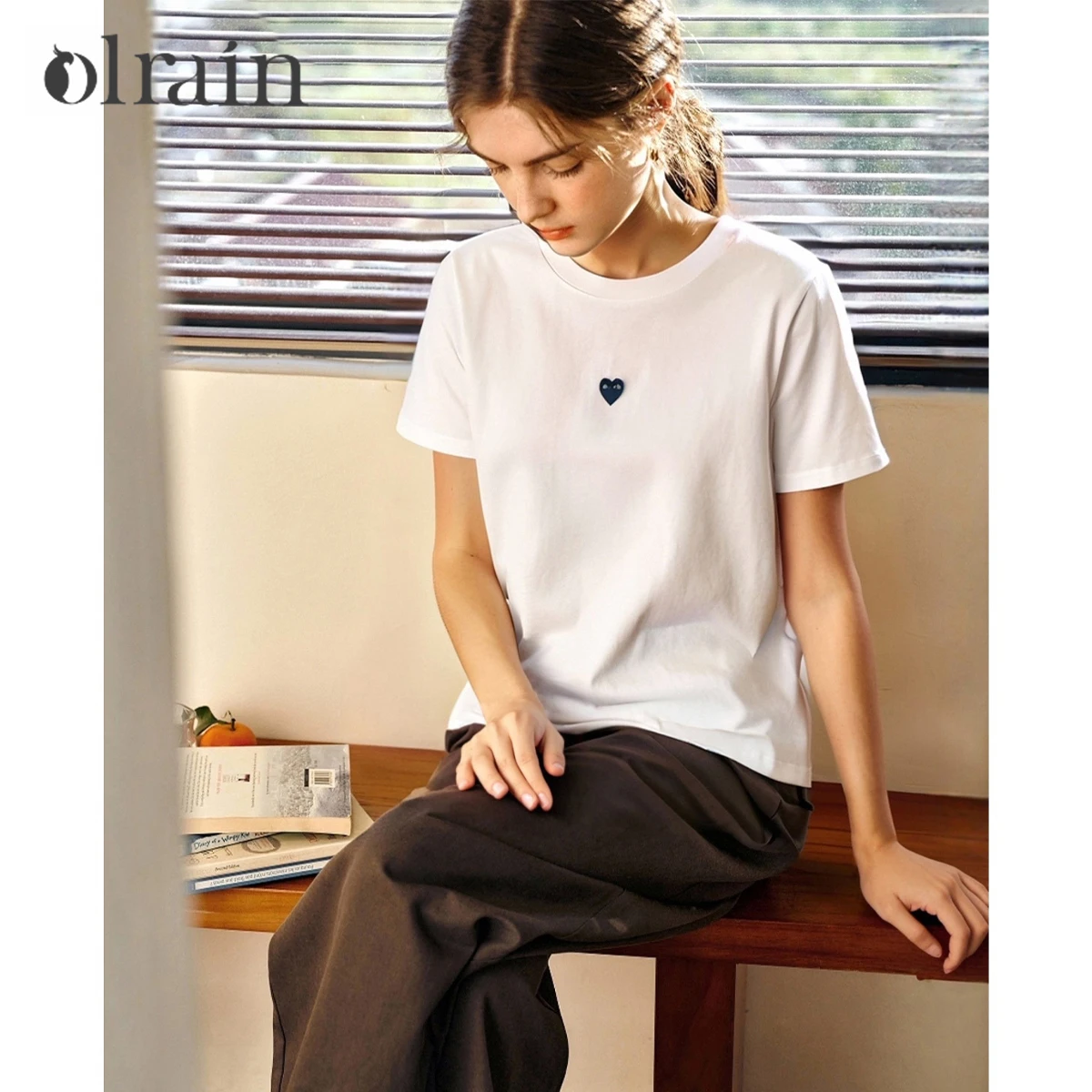 OLrain Women Pure Cotton T-shirt 2026 Summer Blue Heart Pattern Short ...